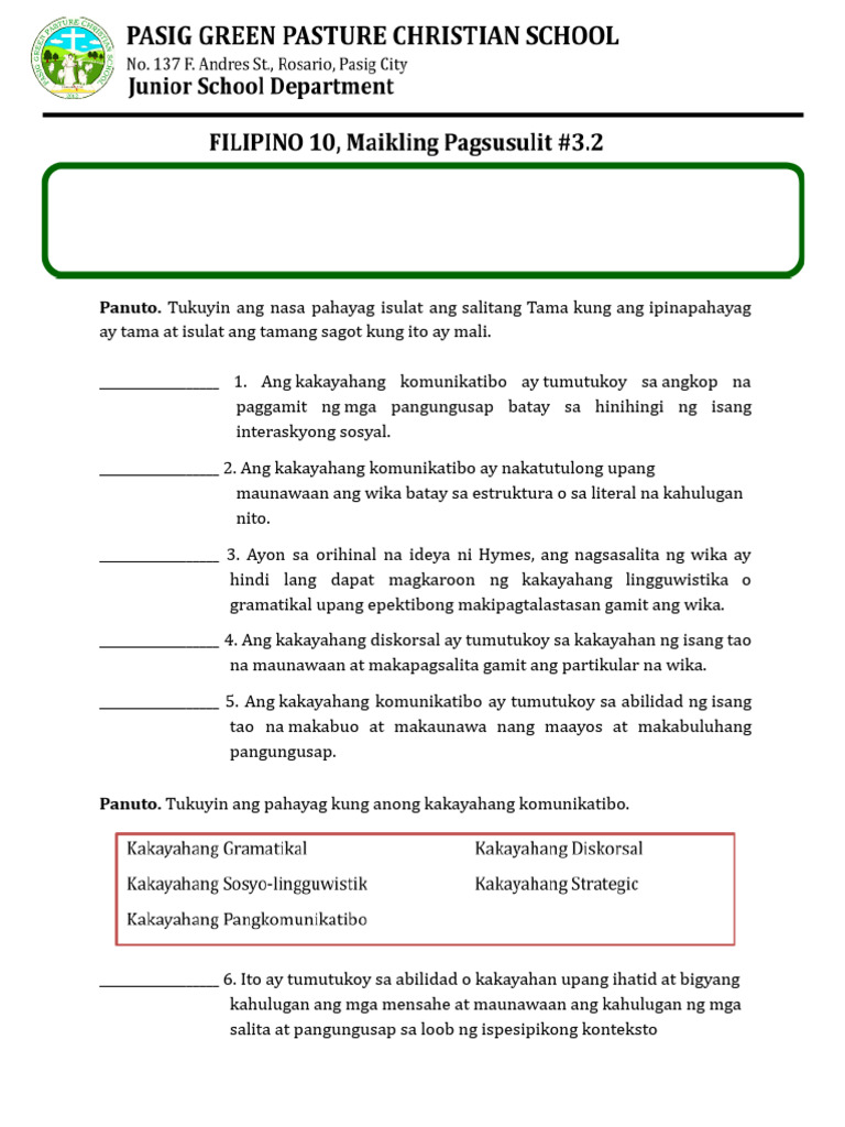 FILIPINO 10 - Maikling Pagsusulit#2 | PDF