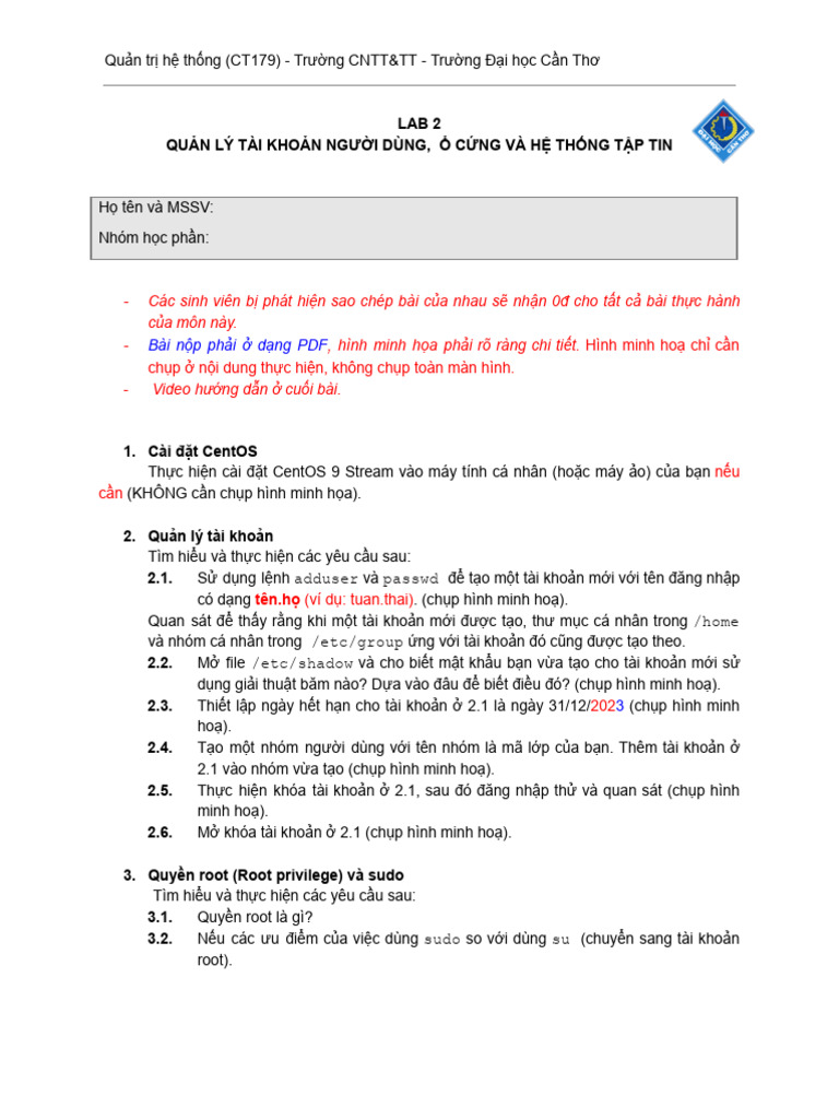 QTHT - Lab2 - QUẢN LÝ TÀI KHOẢN NGƯỜI DÙNG, Ổ CỨNG VÀ HỆ THỐNG TẬP TIN | PDF