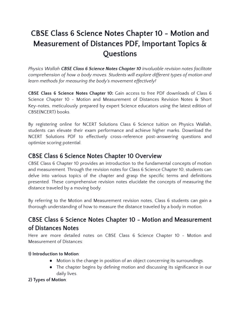 CBSE Class 6 Science Notes Chapter 10 1 | PDF | Acceleration | Velocity