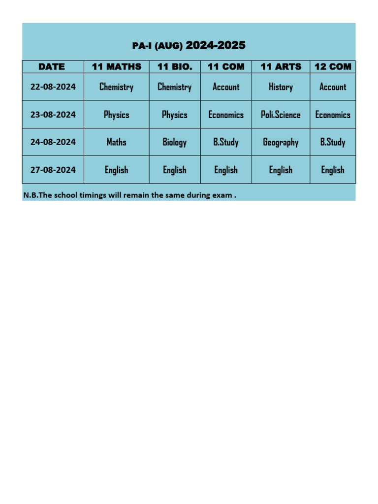 Pa-1 (Aug.) Xi - Xii Time Table 2024-25 | PDF