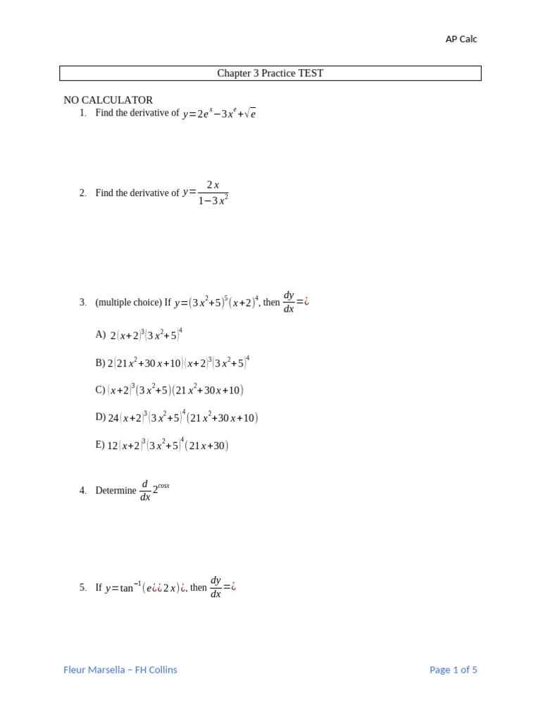 Chapter 3 Practice Test | PDF | Mathematical Relations | Calculus