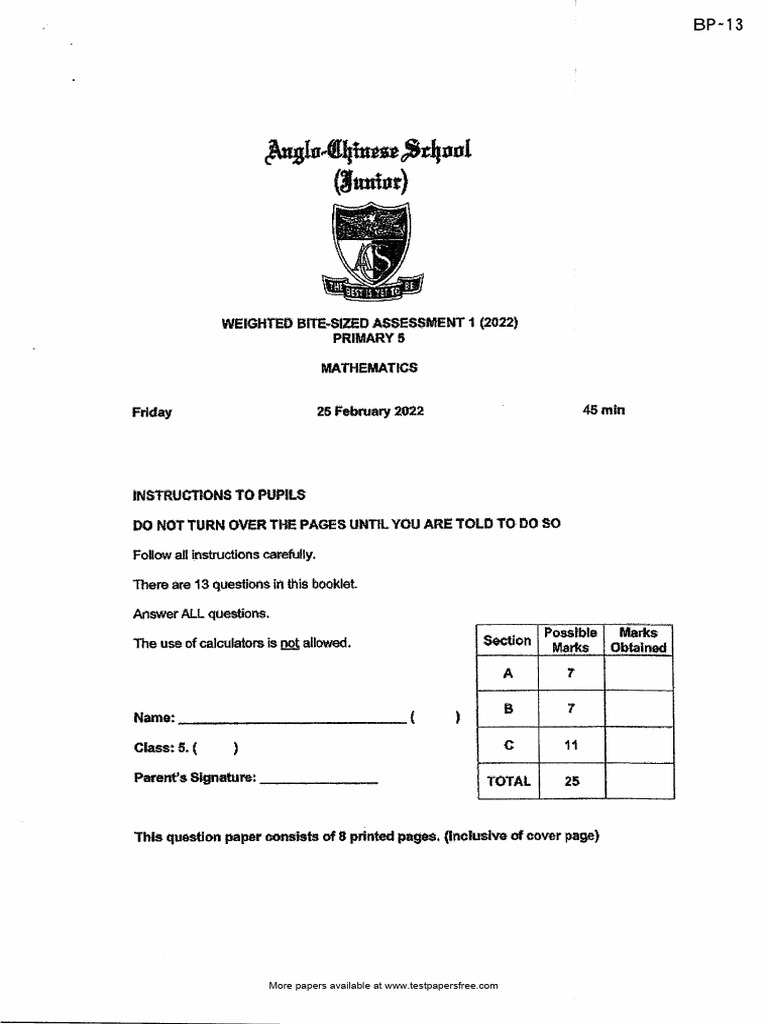 P5 Maths 2022 WA1 Acs | PDF
