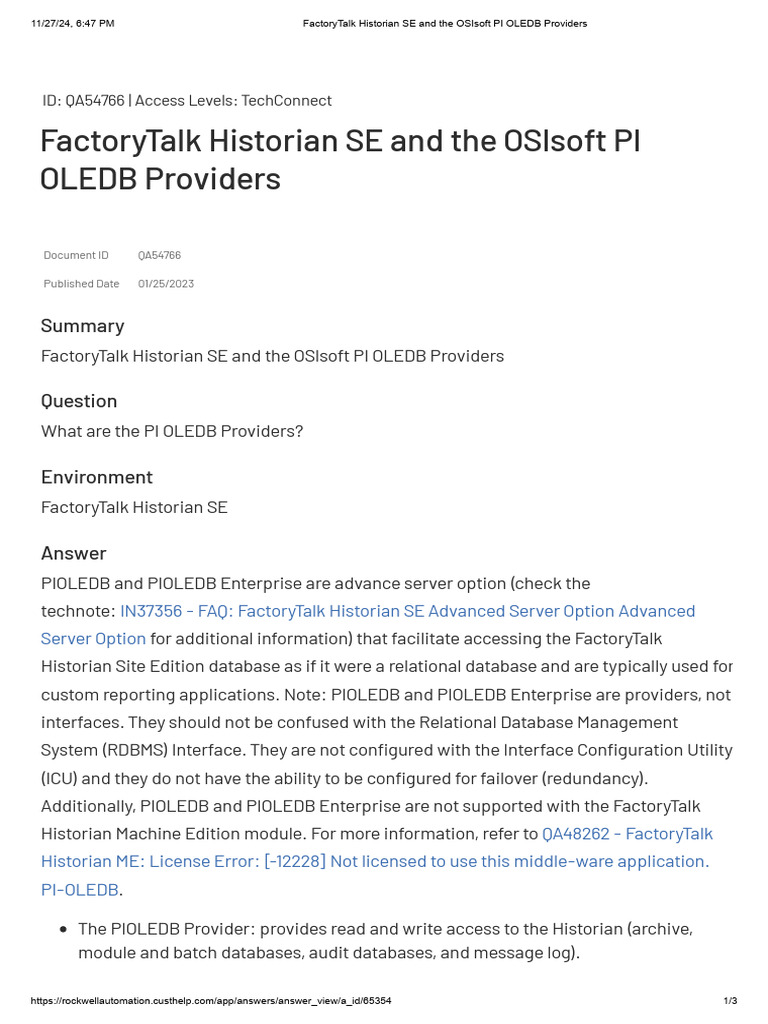 FactoryTalk Historian SE and The OSIsoft PI OLEDB Providers | PDF | Databases | Software
