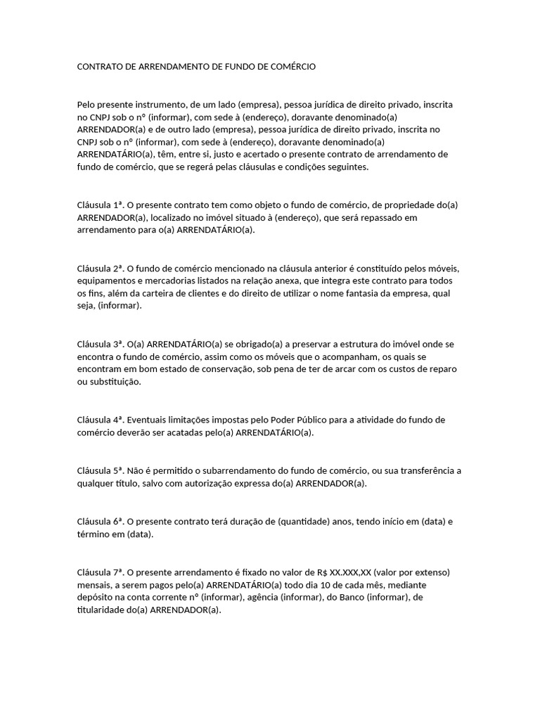 Contrato de Arrendamento de Fundo de Comércio | PDF | Leasing | Direito Privado