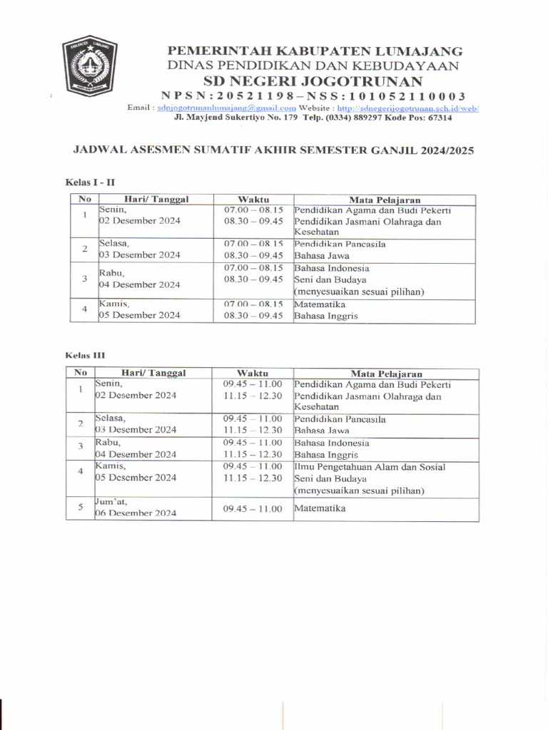 Jadwal SAS Ganjil 2024 SD Negeri Jogotrunan | PDF