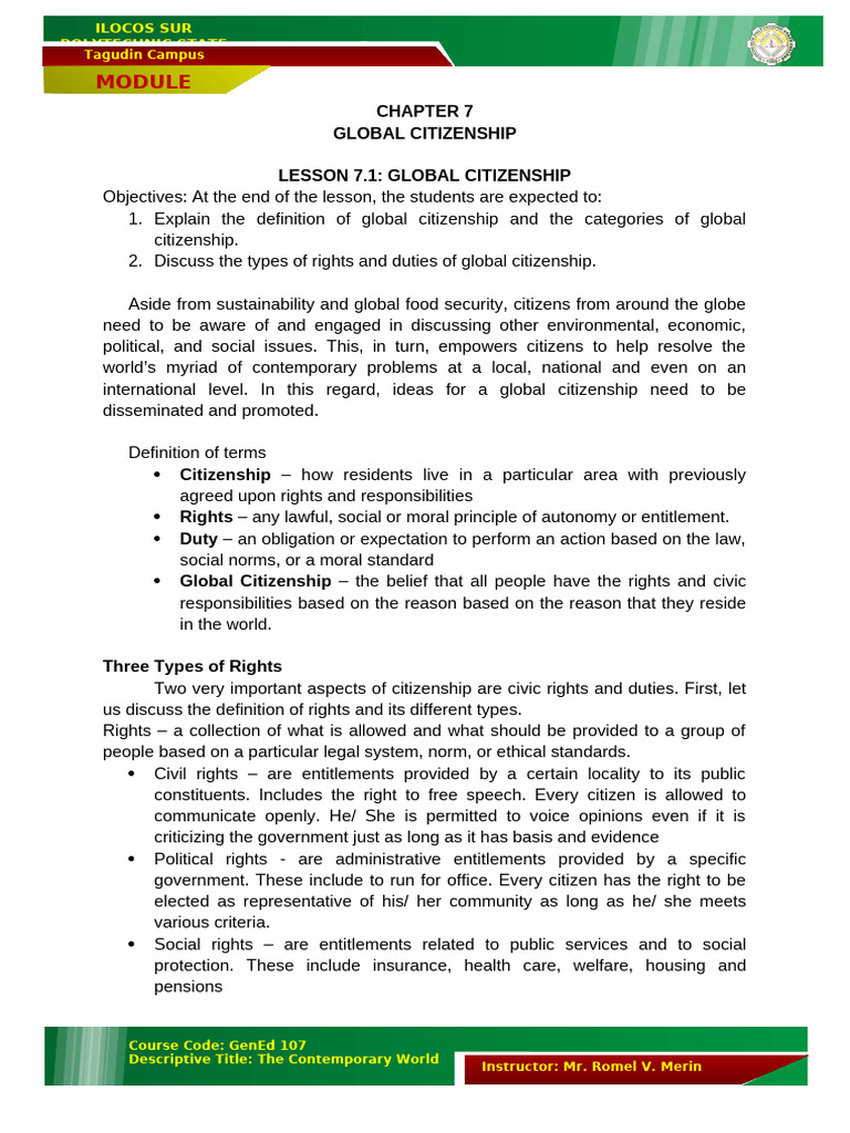 Global Citizenship Lesson 7.1: Global Citizenship: Tagudin Campus | PDF ...