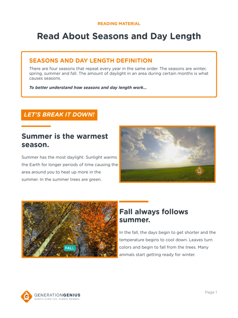 Seasons and Day Length Reading Material Grades K 2 | PDF | Physical ...