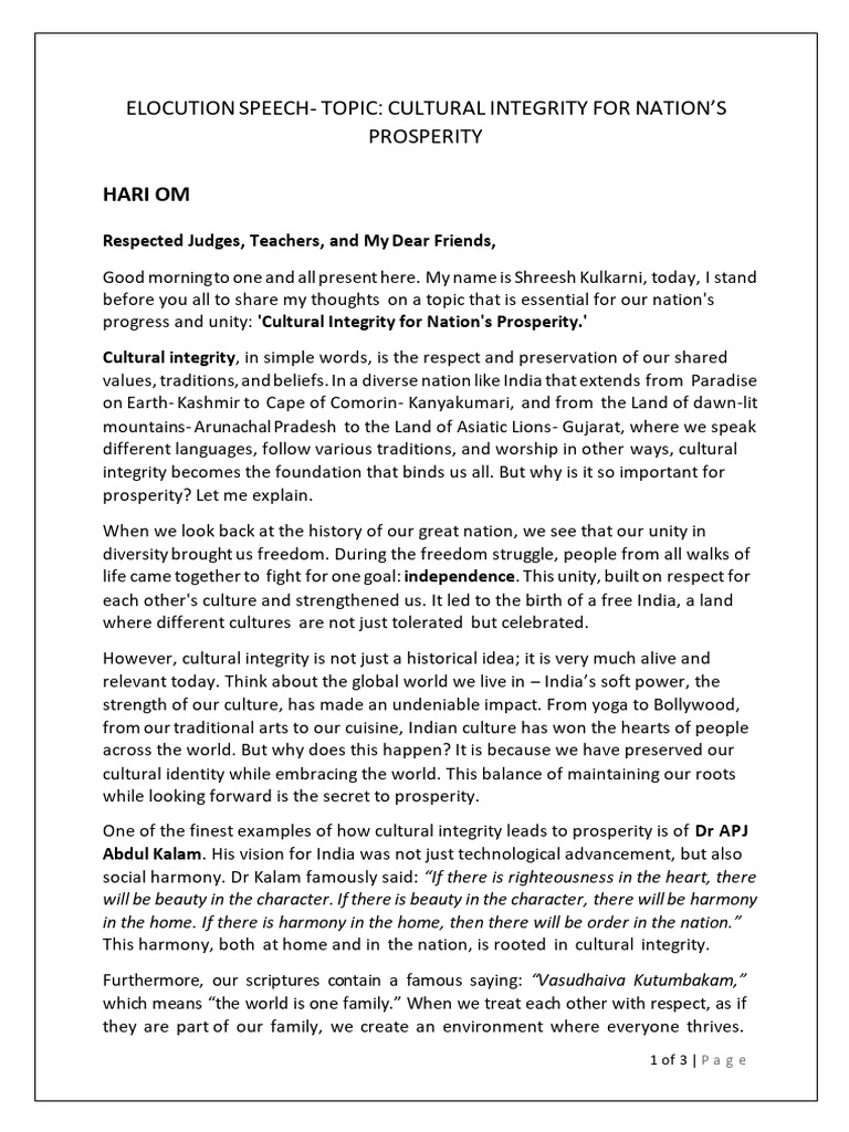 Elocution Speech - Cultural Integrity For Nation's Prosperity | PDF