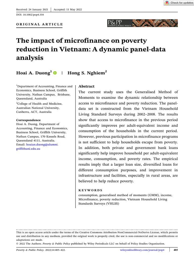 Poverty Public Policy - 2022 - Duong - The Impact of Microfinance On Poverty Reduction in ...