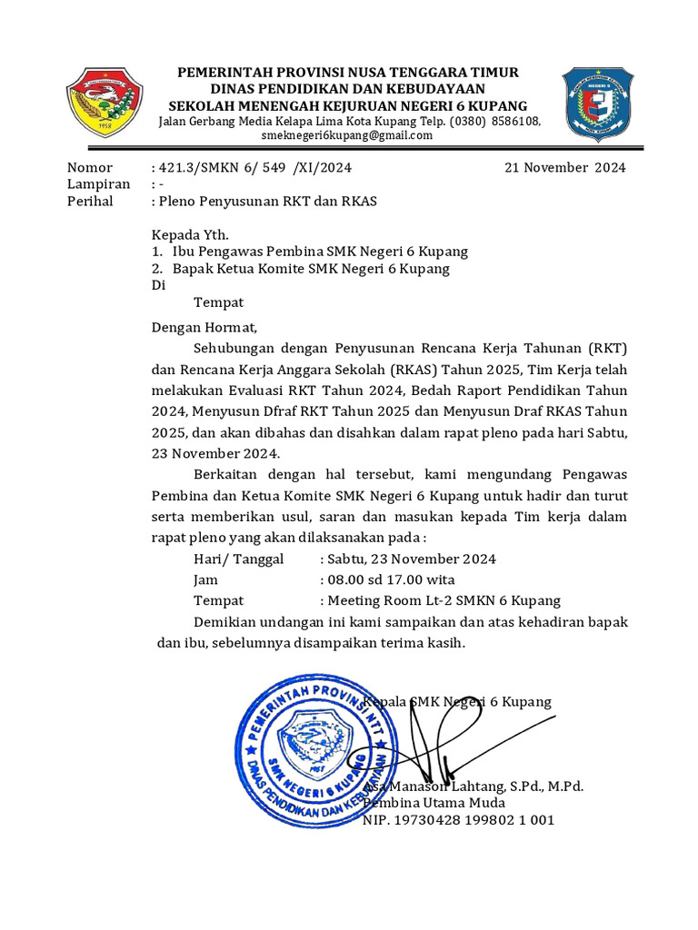 Undangan Rapat Pembahasan Rkt-Rkas | PDF