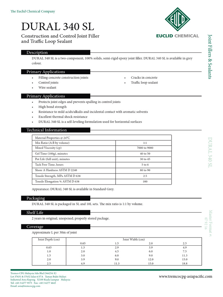 Euclid Chemical TDS Dural 340 SL | PDF | Concrete | Epoxy