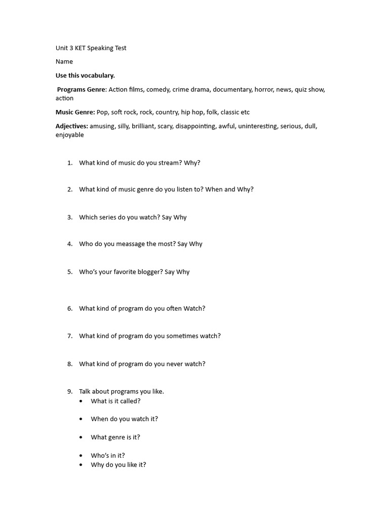 Unit 3 KET Speaking Test | PDF