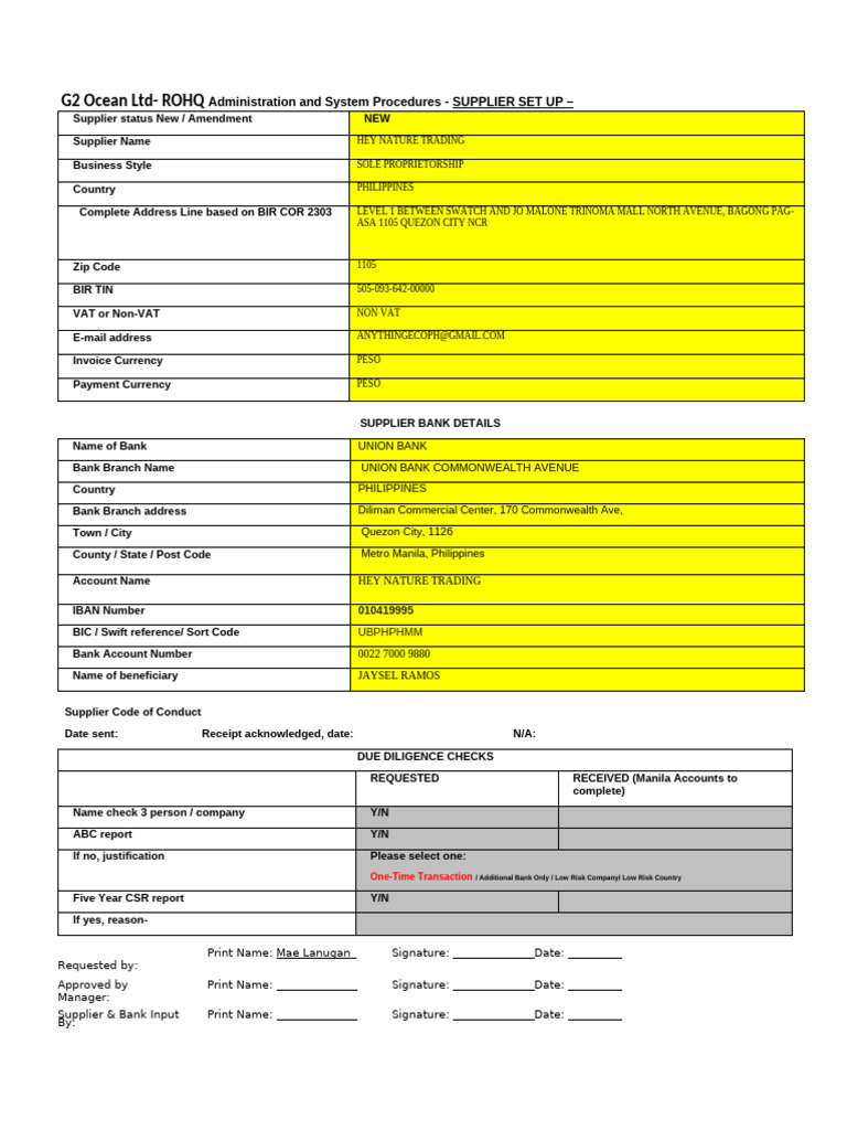 Supplier Set Up Form G2 Ocean LTD ROHQ 1 | PDF | Financial Services | Money