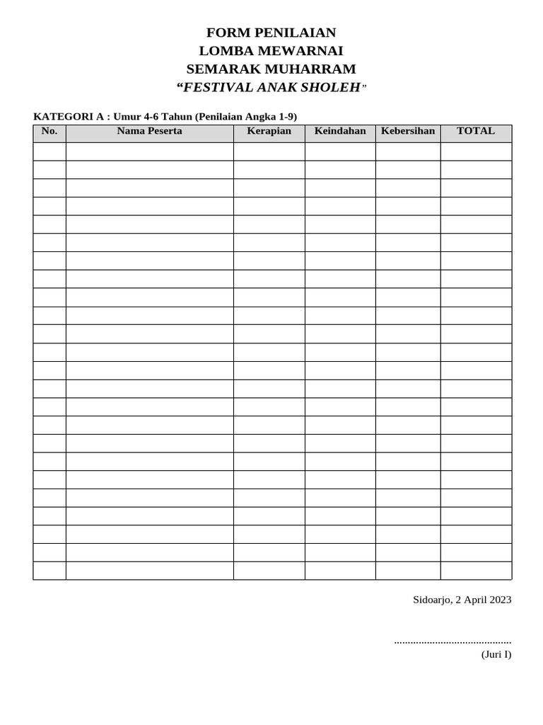 Form Penilaian Lomba Anak Sholeh | PDF