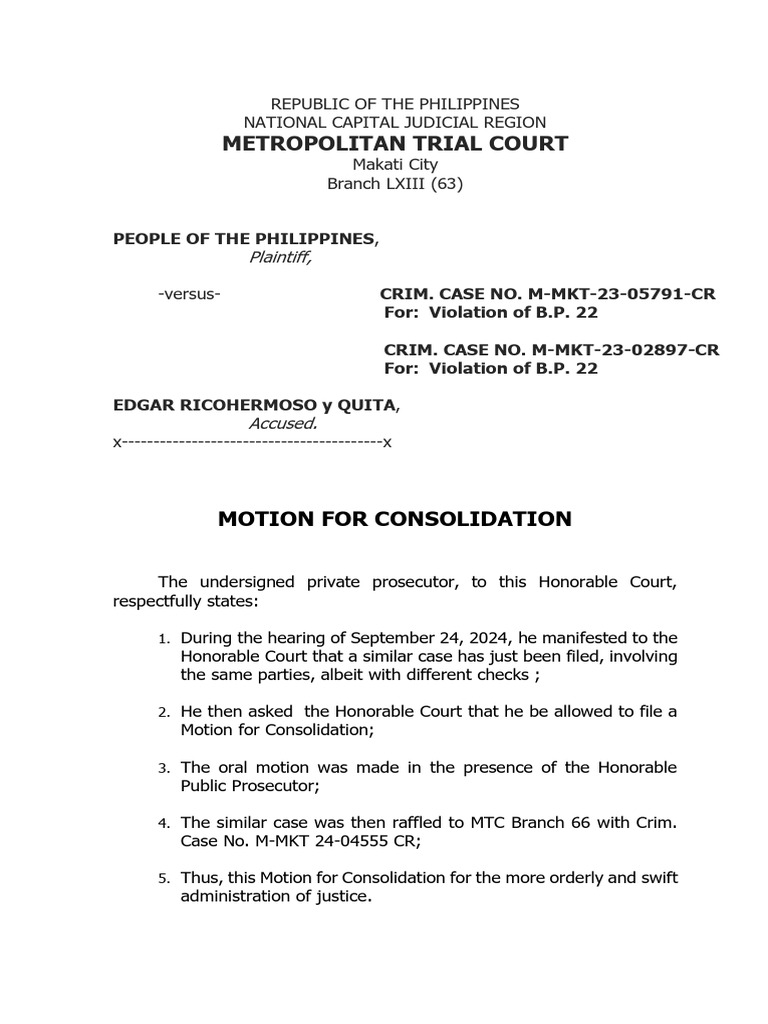 Motion For Consolidation Ricohermoso Case | PDF | Government ...