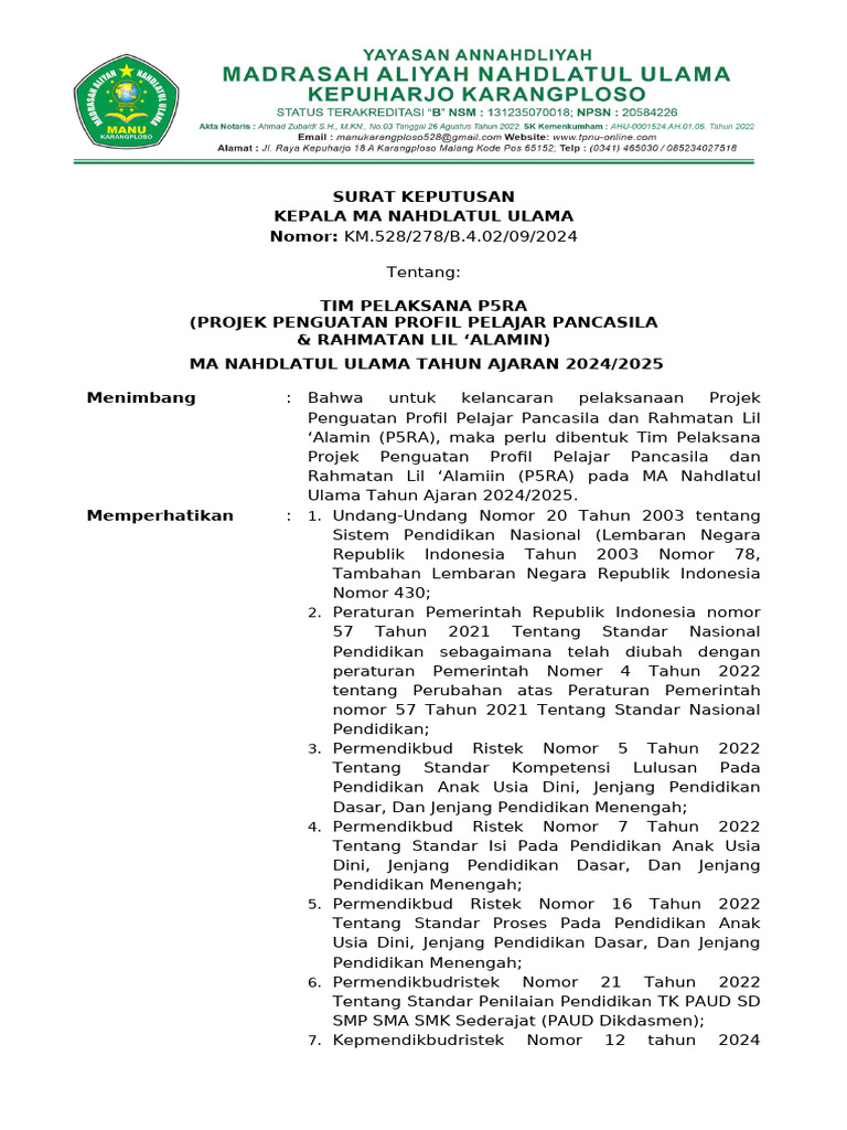 Tim P5RA MA Nahdlatul Ulama 2024/2025 | PDF