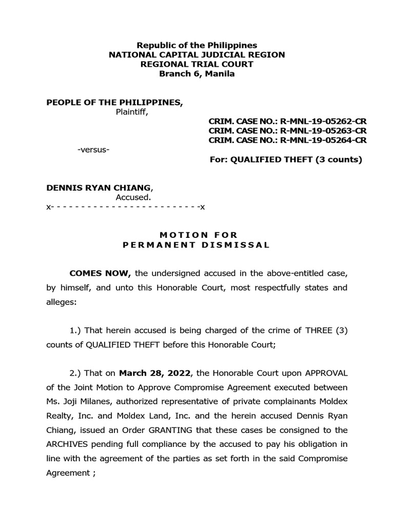 Motion for Permanent Dismissal of Theft Case | PDF | Government ...