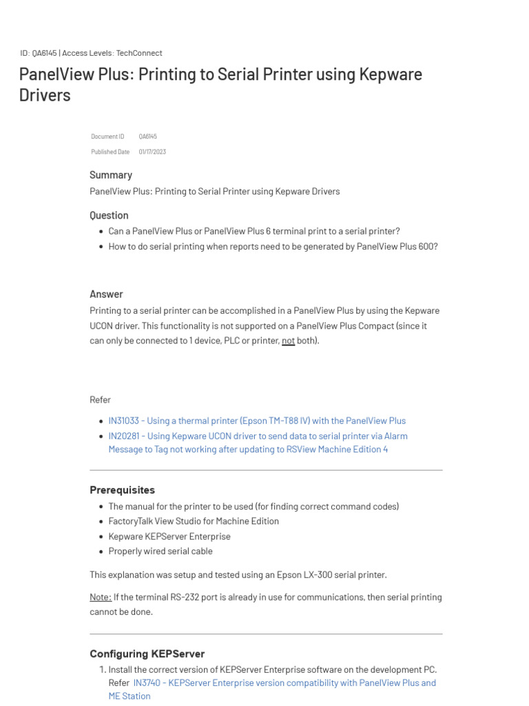 PanelView Plus - Printing To Serial Printer Using Kepware Drivers | PDF | Printer (Computing ...