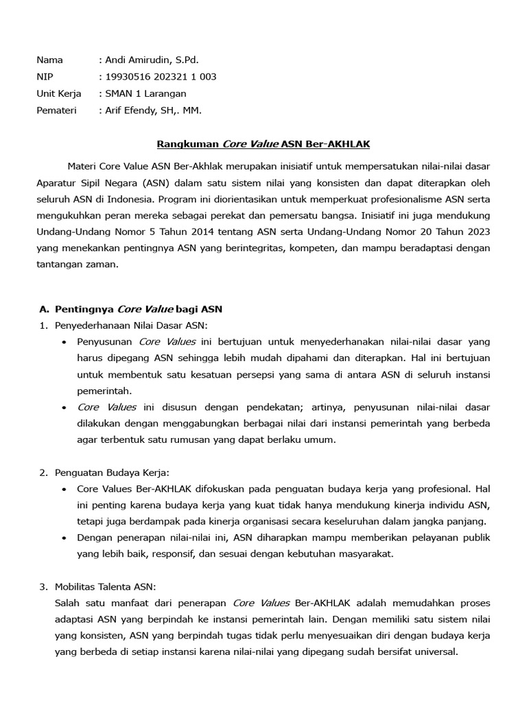 Tugas Resume Core Value ASN Ber-AKHLAK - ANDI AMIRUDIN | PDF