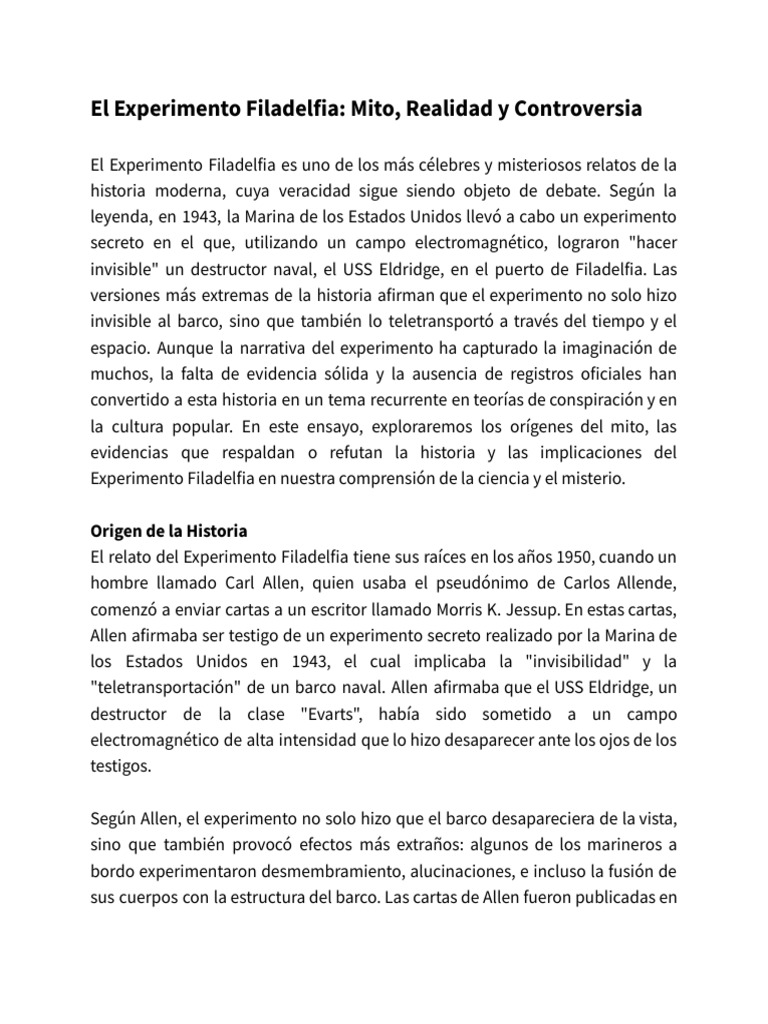 El Experimento Filadelfia - Mito, Realidad y Controversia | PDF