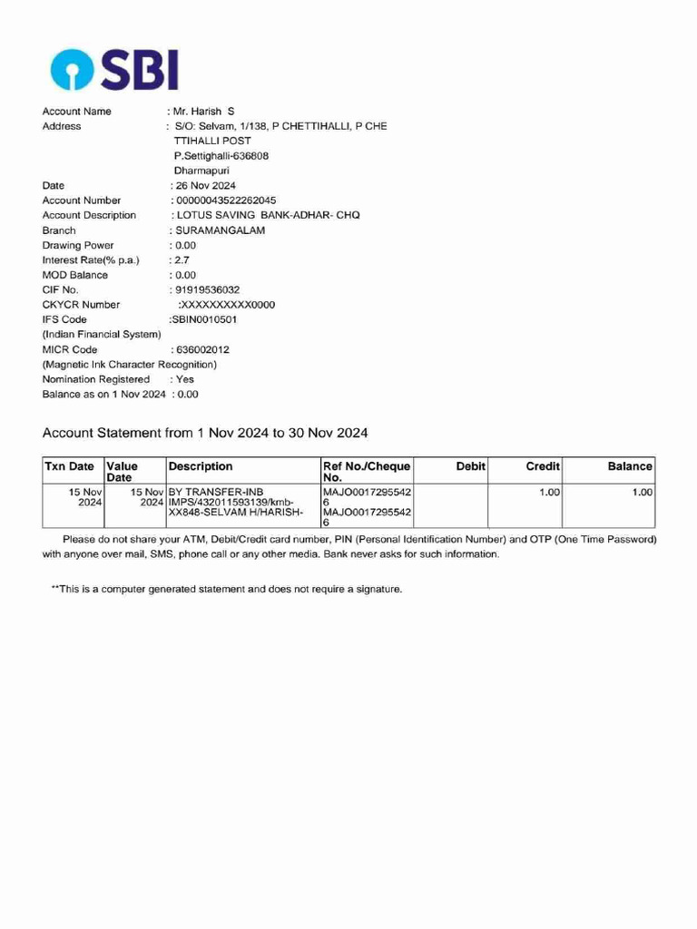 Harish SBI Statement | PDF
