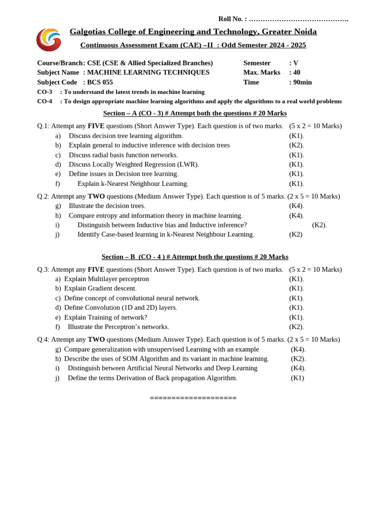 Assessment Exam (CAE) - II ML | PDF | Machine Learning | Artificial Neural Network