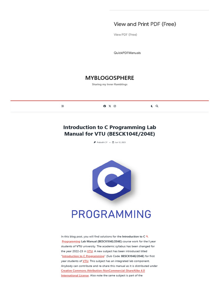 Introduction To C Programming Lab Manual For VTU (BESCK104E - 204E) - MyBlogosphere | PDF | C ...