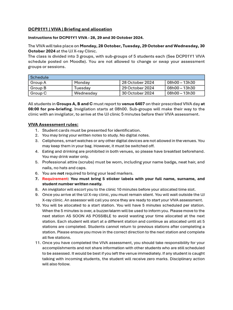 Dcp01y1 Viva Briefing and Allocations | PDF | Radiography | Shoulder