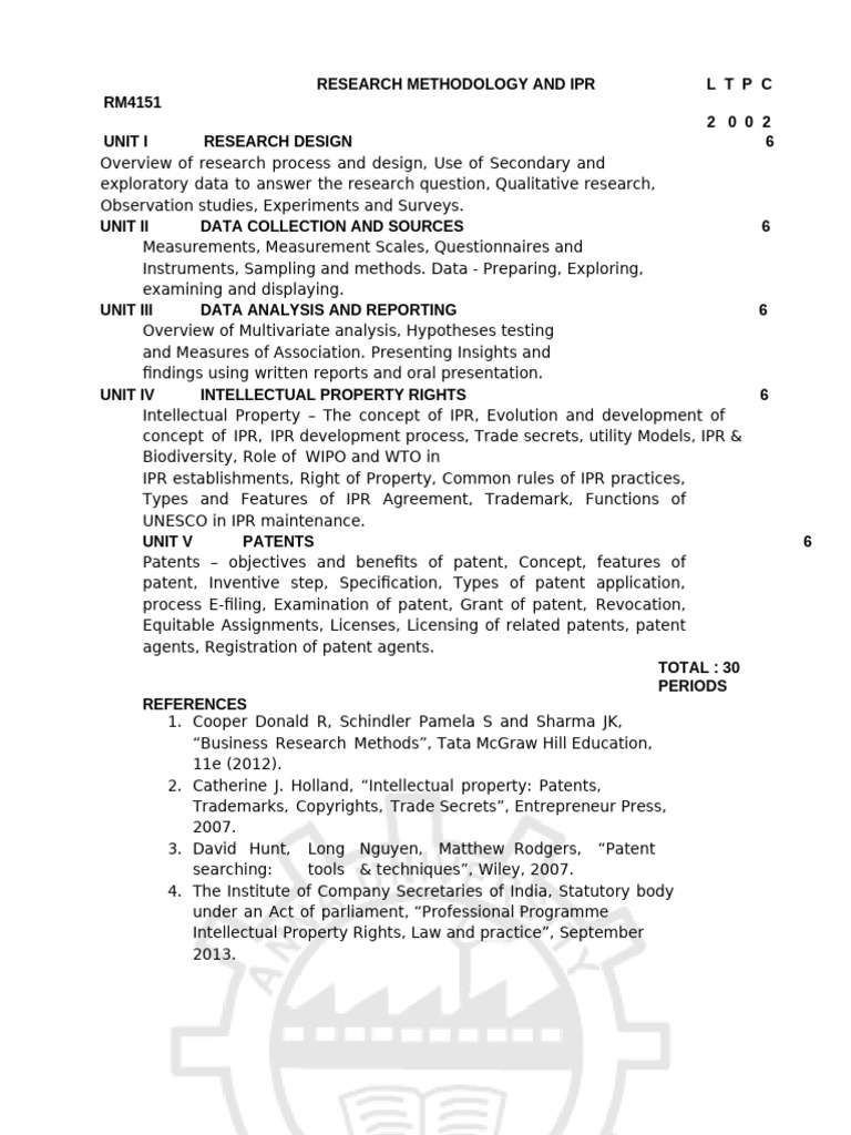 RM AND IPR SYLLABUS | PDF | Intellectual Property | Patent RM AND IPR SYLLABUS | PDF | Intellectual Property | Patent