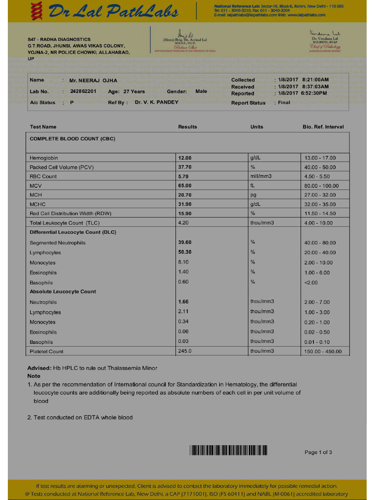 Blood Report of Dengue and Malaria Parasite | PDF