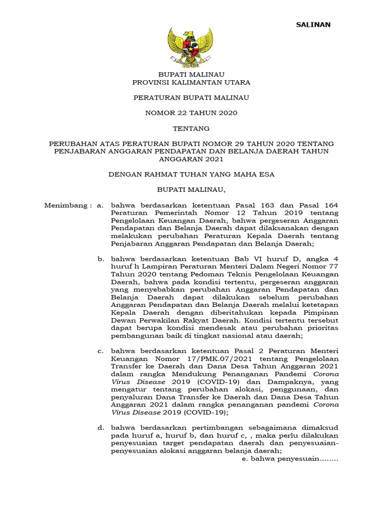 Perbup Malinau Nomor 22 Tahun 2021 | PDF
