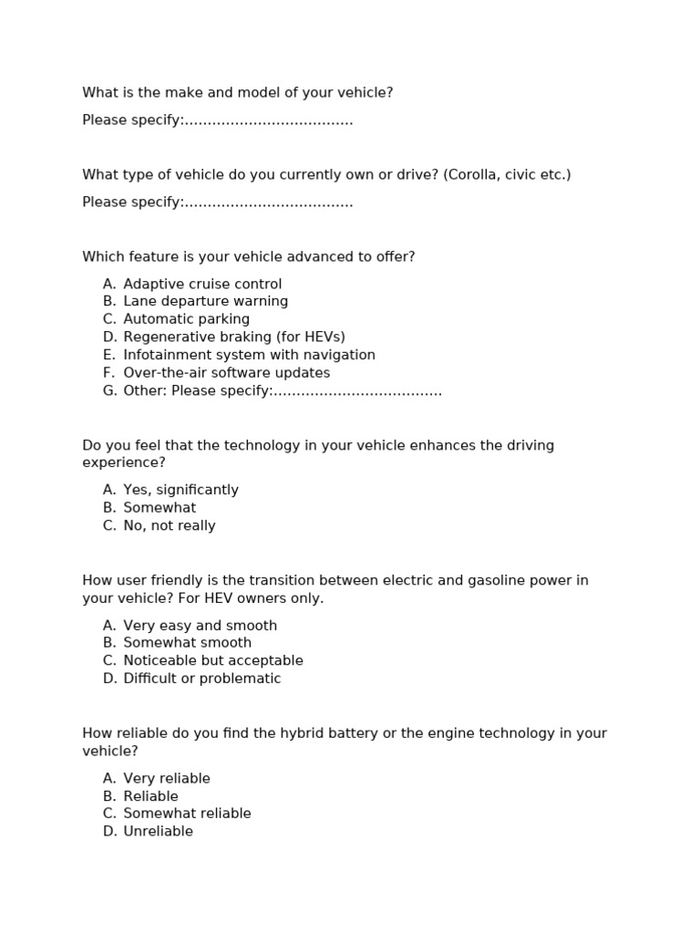 Project Questionnaire | PDF | Hybrid Electric Vehicle | Fuel Economy In ...