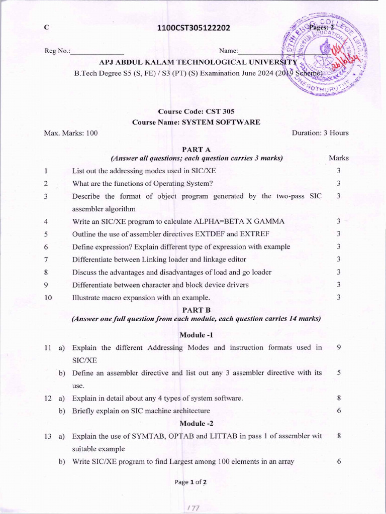 CST305 System Software, June 2024 | PDF