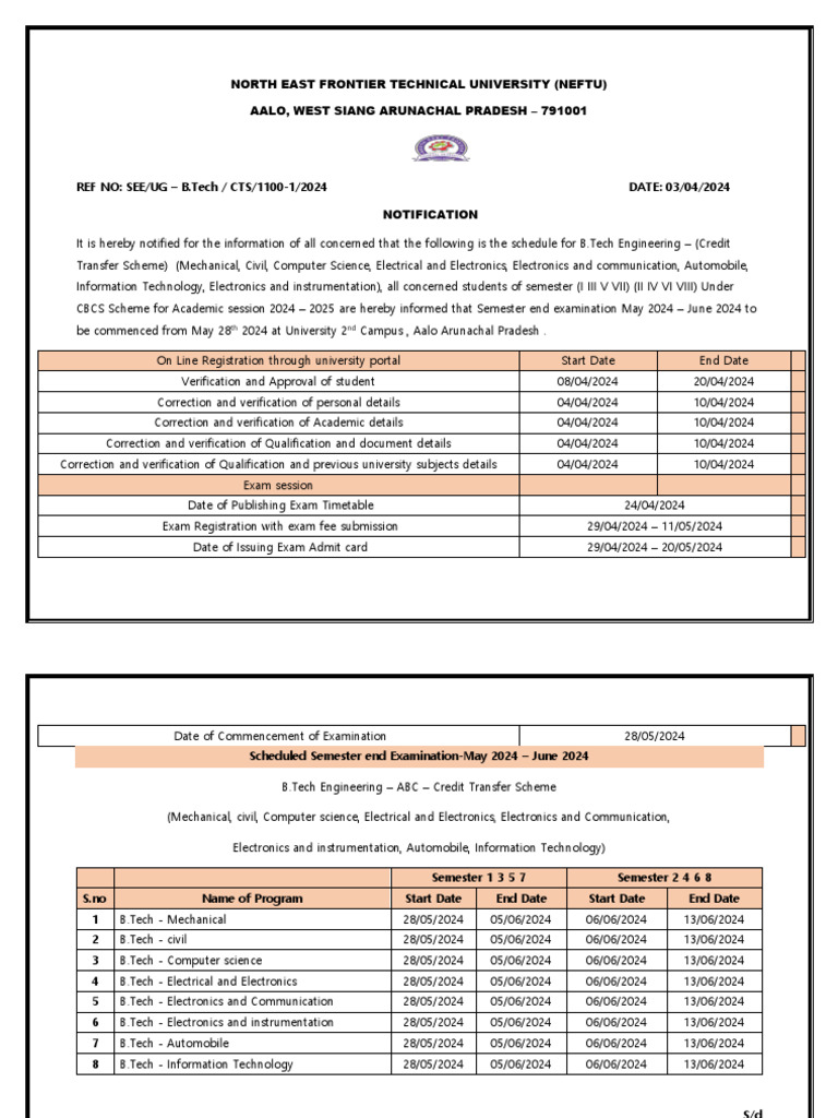 NEFTU B.Tech Exam Schedule 2024 | PDF | Engineering