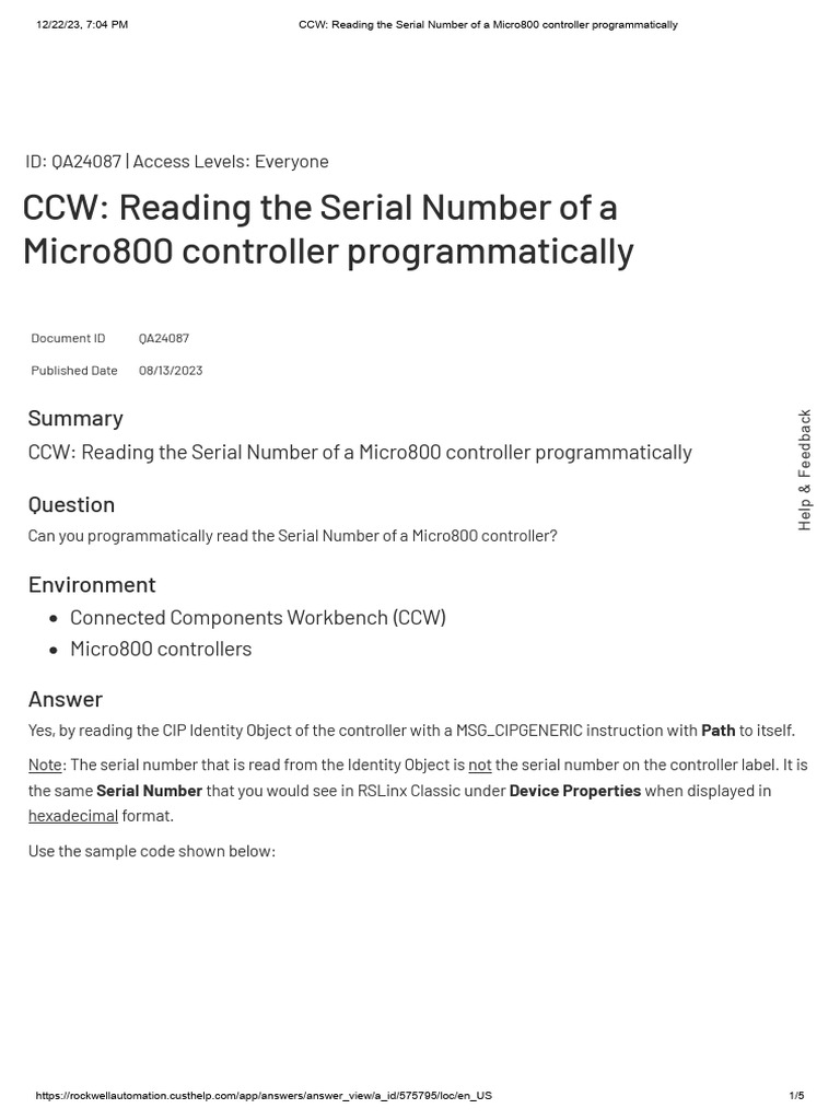 CCW - Reading The Serial Number of A Micro800 Controller Programmatically | PDF | Implied ...