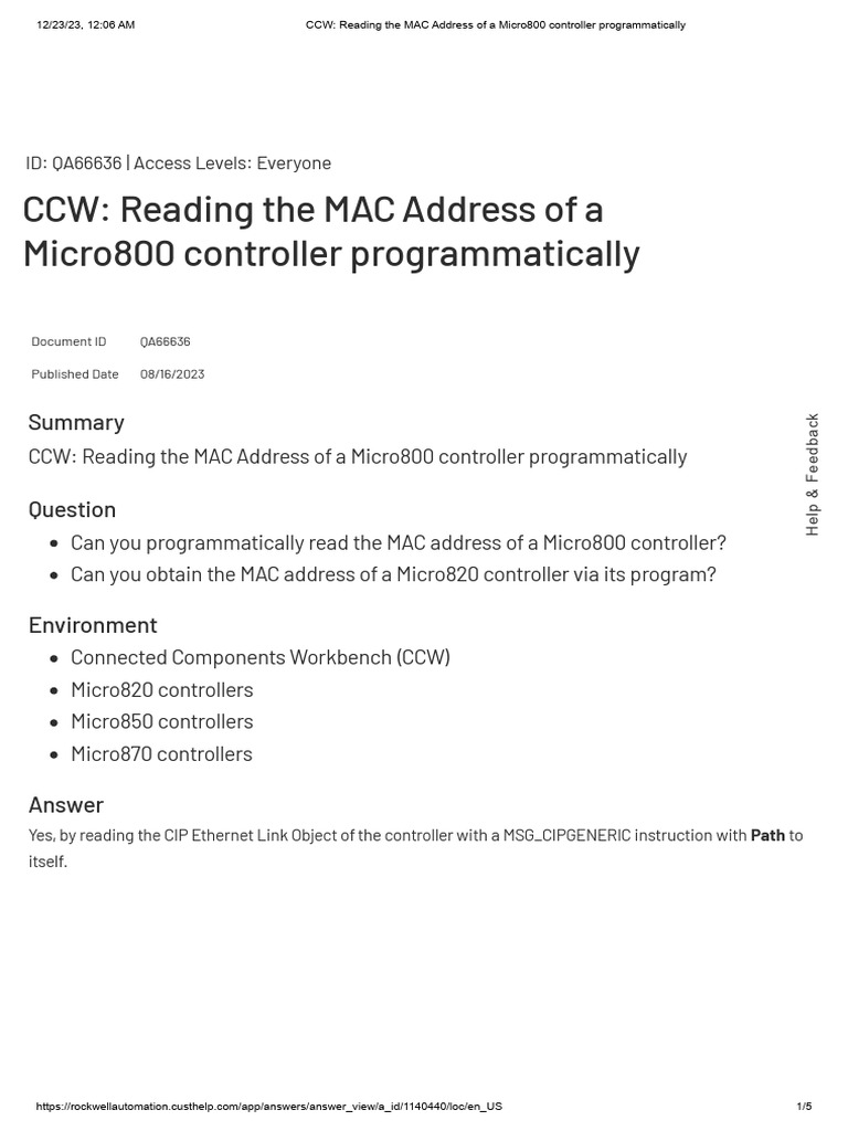 CCW - Reading The MAC Address of A Micro800 Controller Programmatically ...
