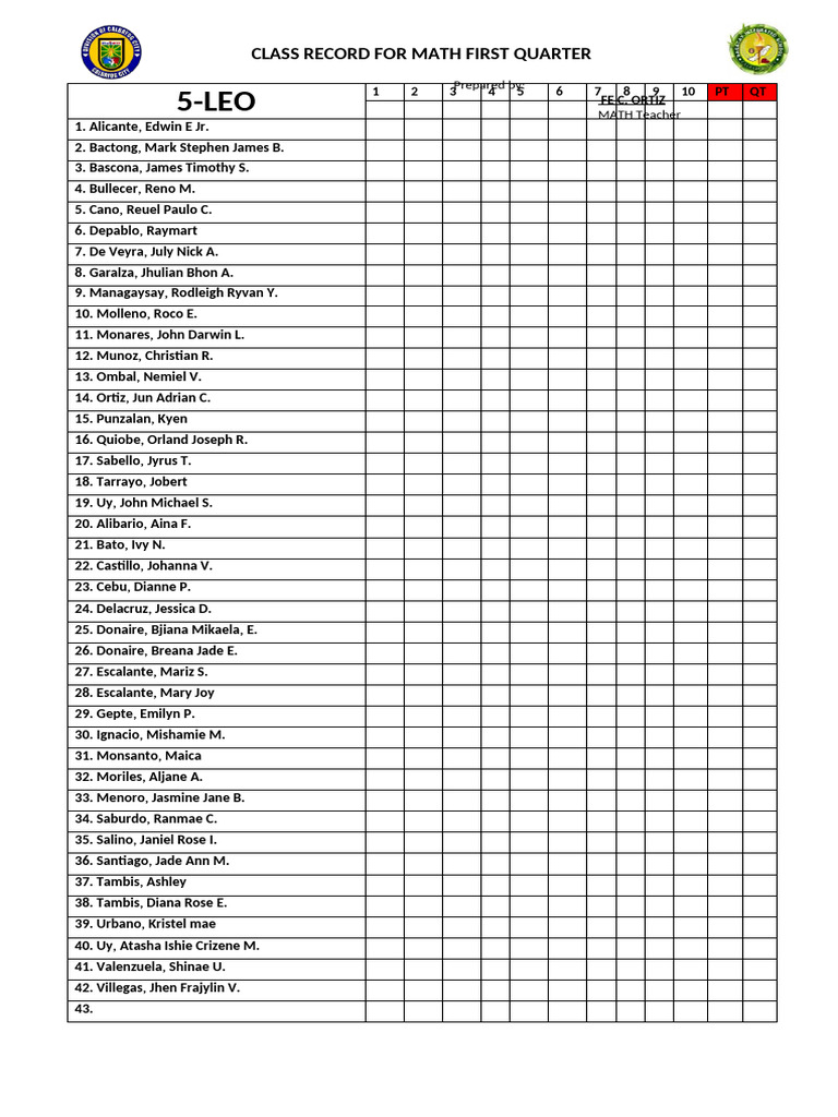 Class Record 5 Leo Esp Q1 | PDF