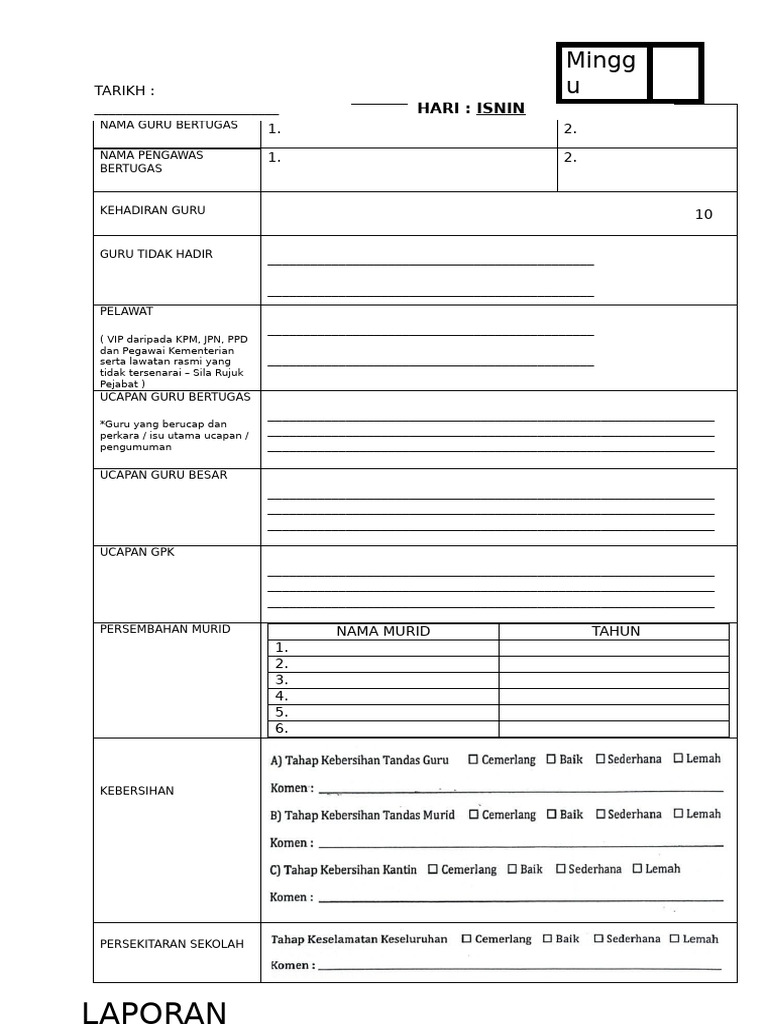 Buku Laporan Guru Bertugas Hari Isnin | PDF