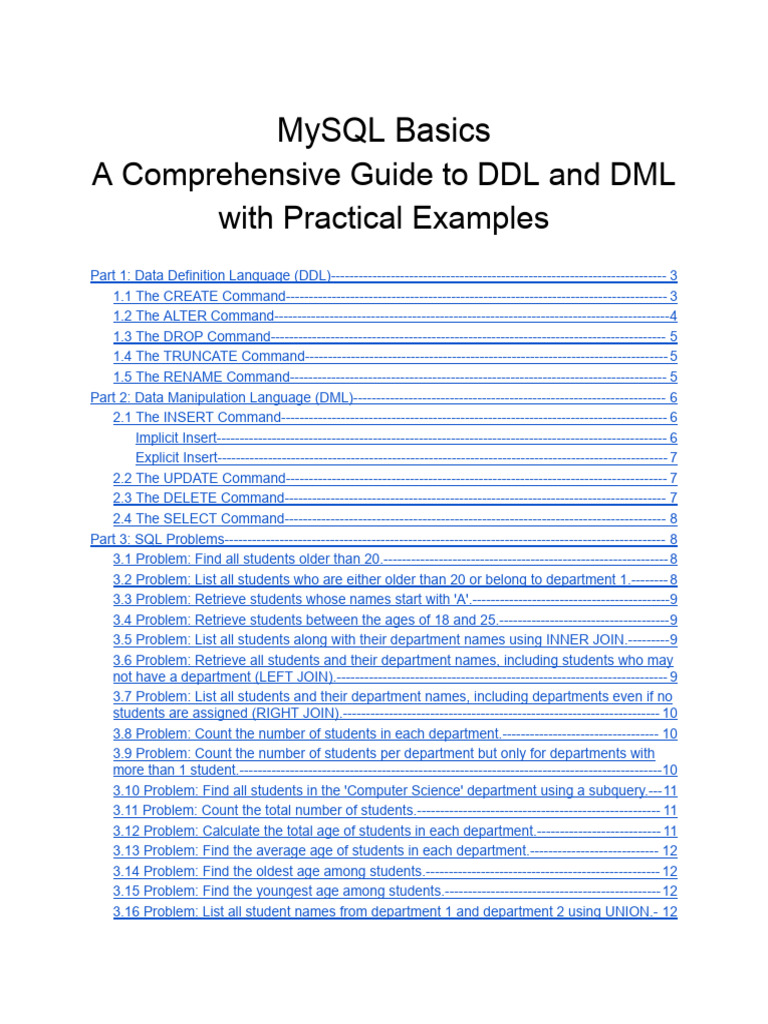 Mysql Basics A Comprehensive Guide To Ddl And Dml With Practical Examples Pdf Databases