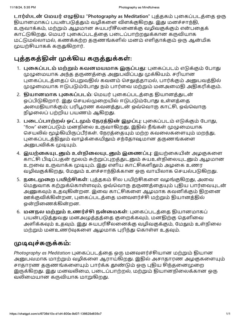 Photography As Mindfulness - Summary Tamil | PDF
