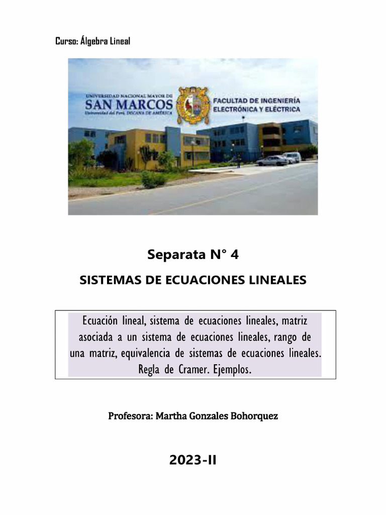 Separata #4 (Sistemas de Ec. Lineales) ALGEBRA LINEAL UNMSM FIEE MARTA GONZALES | PDF