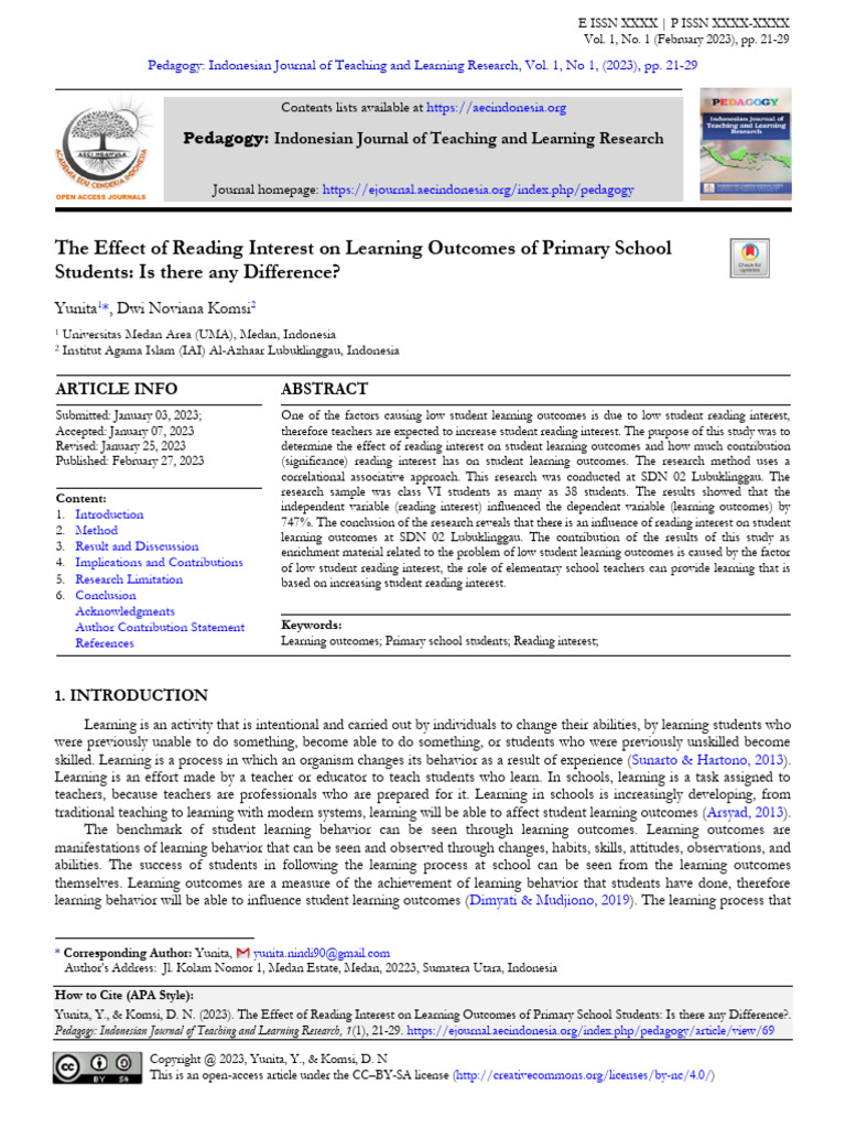 The Effect of Reading Interest on Learning Outcomes of Primary School Students | PDF | Learning ...