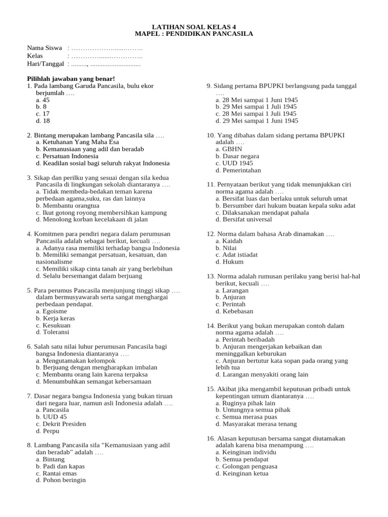 Soal PH PKN Kelas 4 Bab 1 | PDF