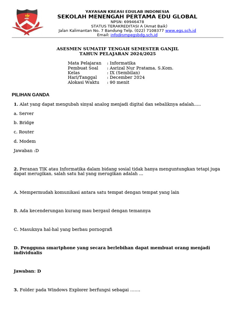Naskah Soal Asas Kelas 9 Ganjil 2024 - Informatika Ix | PDF