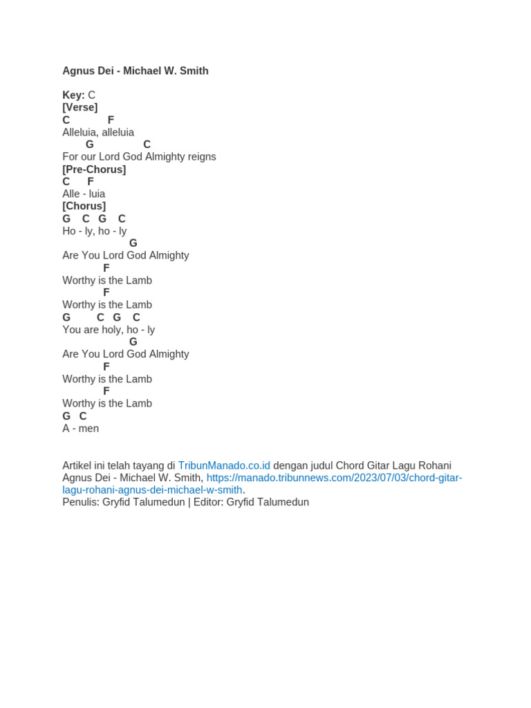 Agnus Dei Chords - Michael W. Smith | PDF
