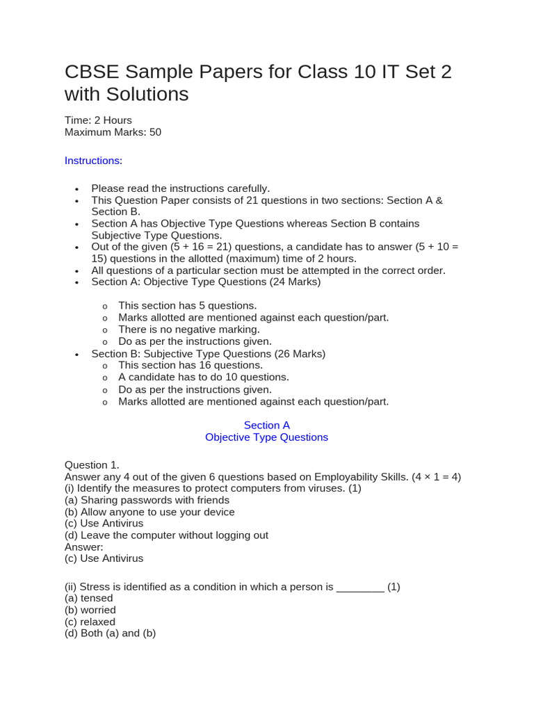 CBSE Sample Papers For Class 10 IT Set 2 With Solutions-2 | PDF ...
