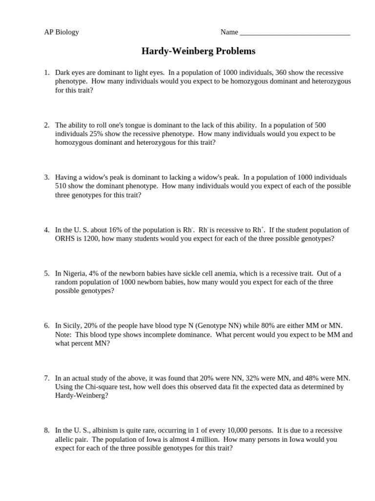 Hardy Weinberg Problem Set | PDF