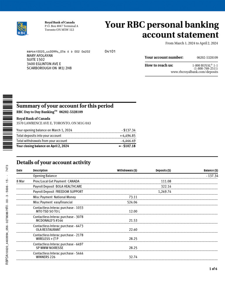 Your RBC Personal Banking Account Statement | PDF | Debit Card | Trademark