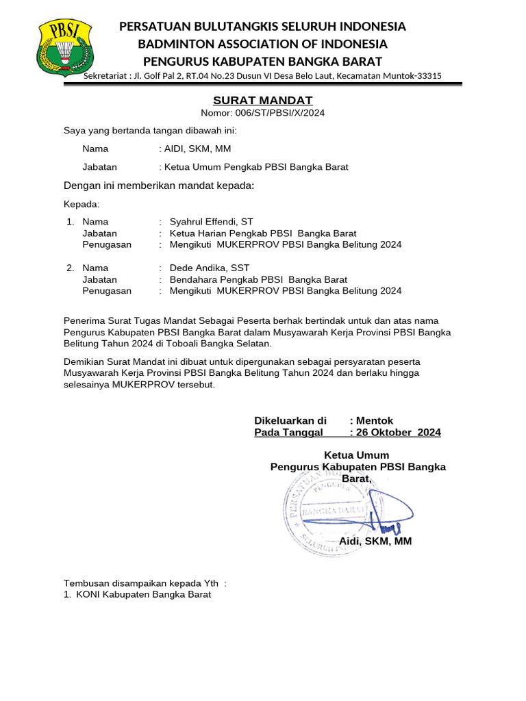 Surat Mandat Ketua Harian Dan Bendahara Mukerprov PBSI | PDF