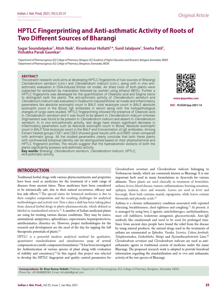 2021 HPTLC Fingerprinting and Anti-Asthmatic Activity of Roots | PDF ...